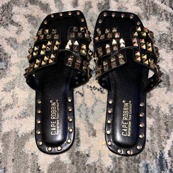 Cape Robbin | Shoes | Black Flat Sandals Spikey Square Toe Sandal ...